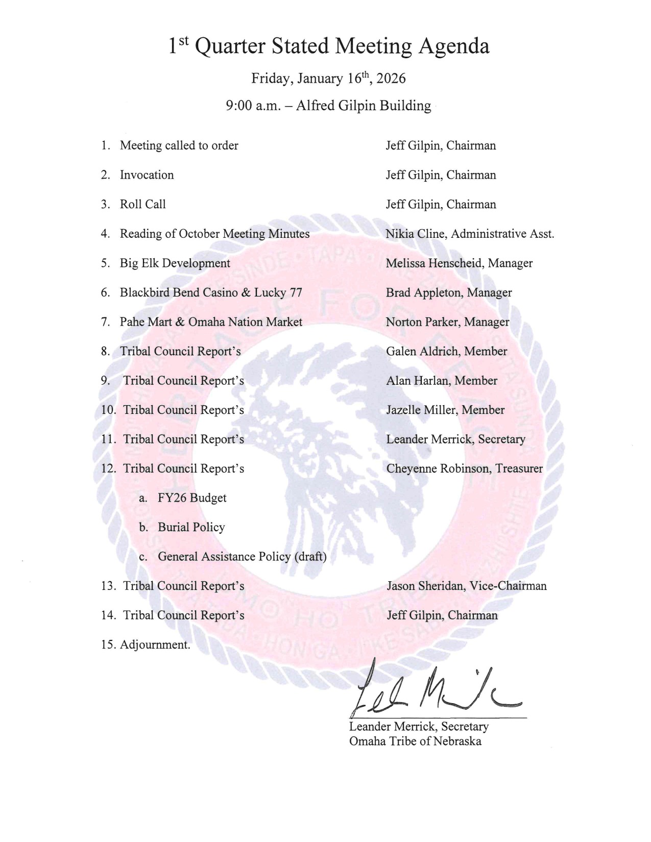 Stated Meeting January 16th, 2026 - Omaha Tribe of Nebraska