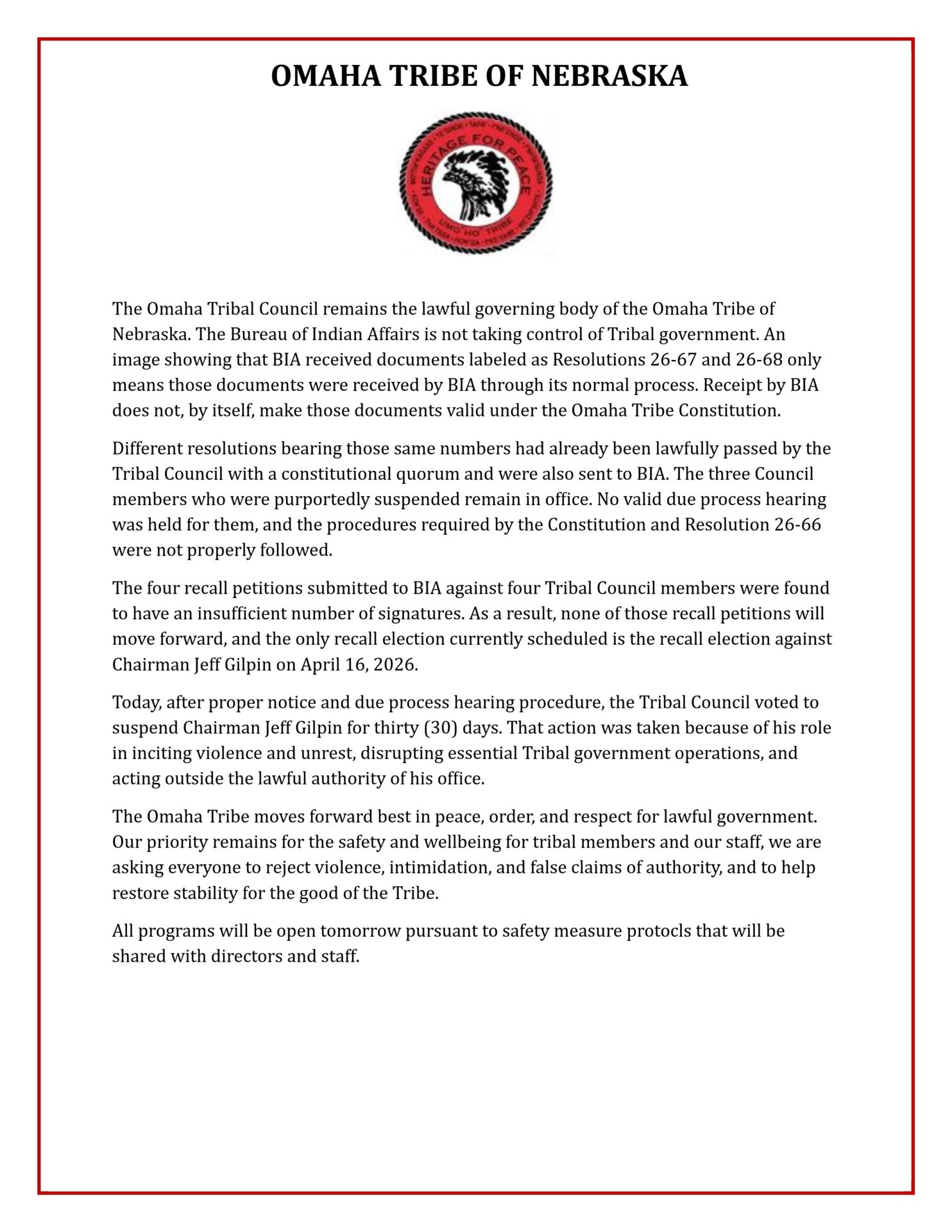Resolutions 26-67 and 26-68 - Omaha Tribe of Nebraska